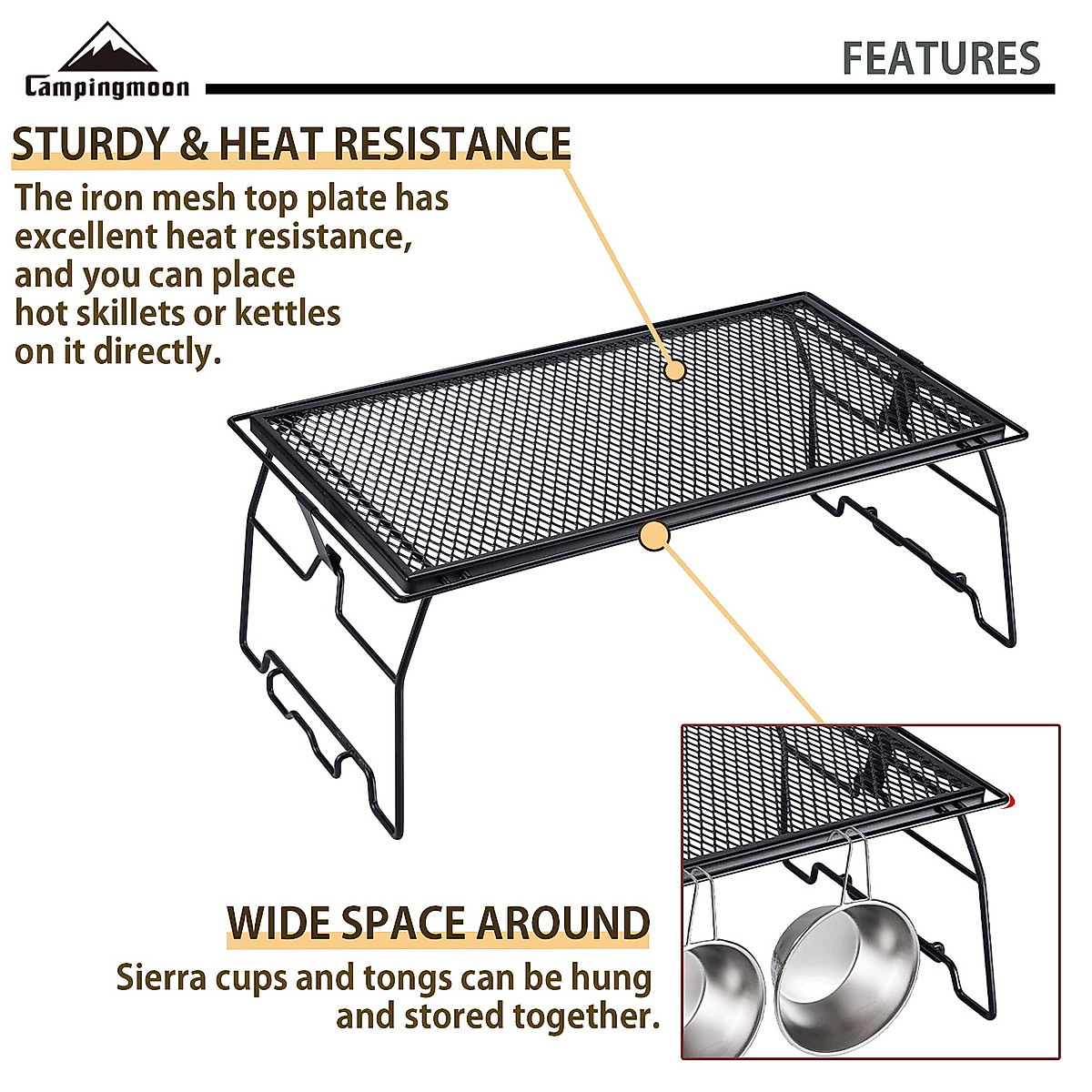 CAMPINGMOON Campfire Grill Storage Rack Camping Grill Steel Foldable Stackable T-238