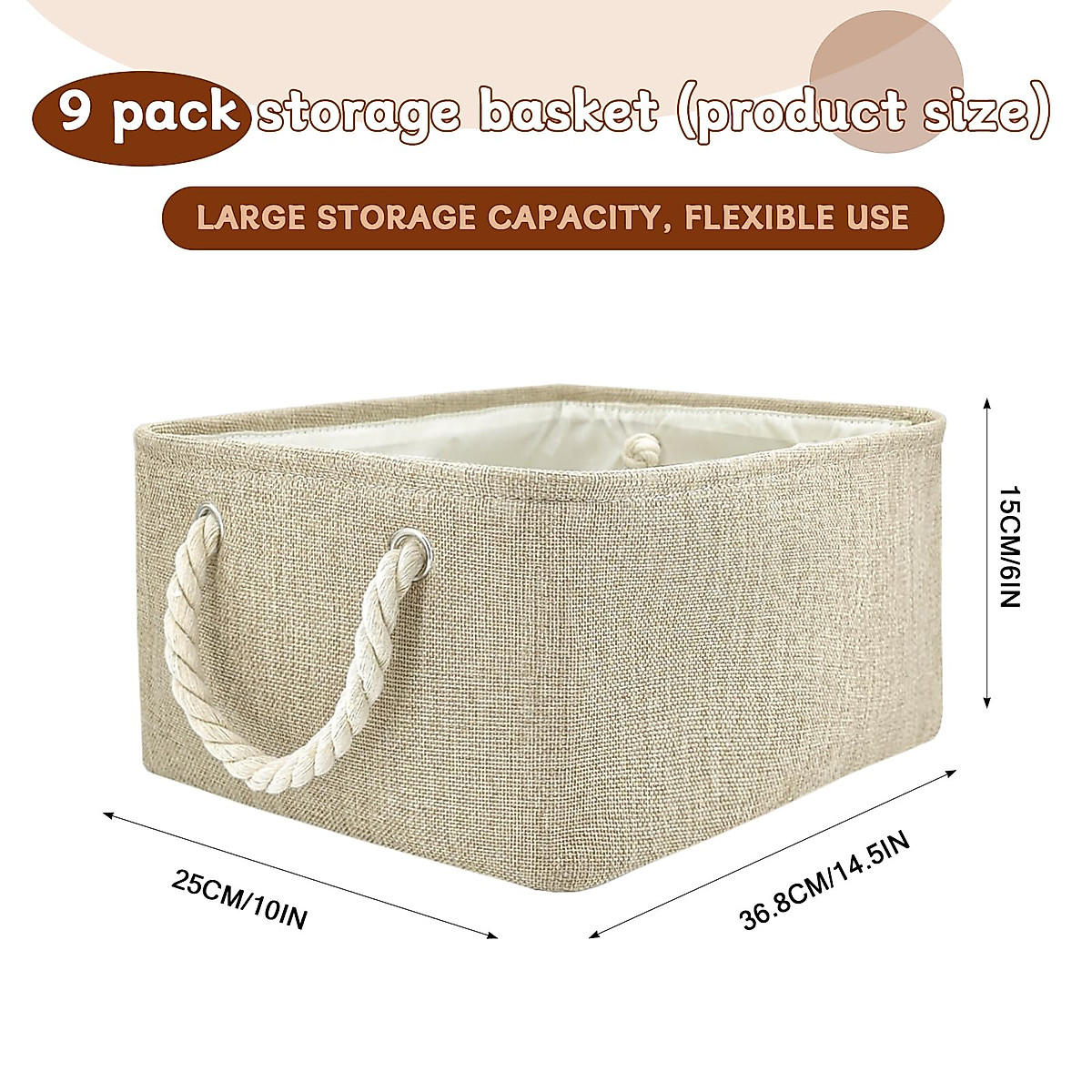 SAMORADREA 9 Pack Storage Basket Bins & Decorative Baskets Storage Box Cubes Containers Bulk W/Handles for Office, Home, Books, Clothes, Bedroom, Closet (Beige)