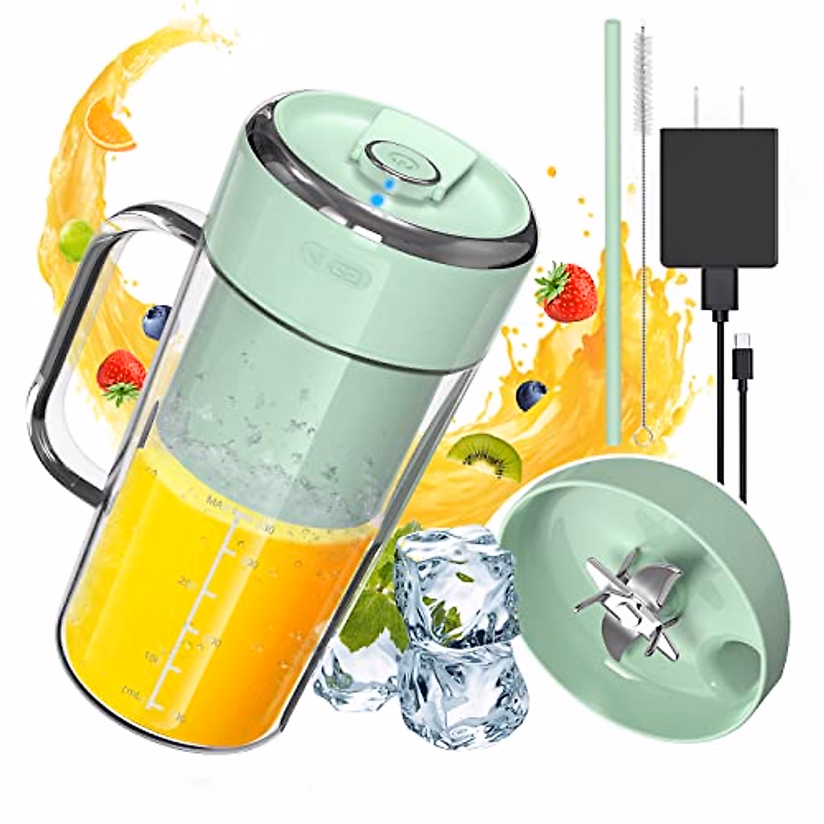 PKBD Portable Blender, Juicer with 15-Second Ice-Crushing Power, 8 Blades, Blender for Shakes and Smoothies,12 oz Easy-to-Clean Personal Blender with Charger, Straw, Cleaning Brush, Green