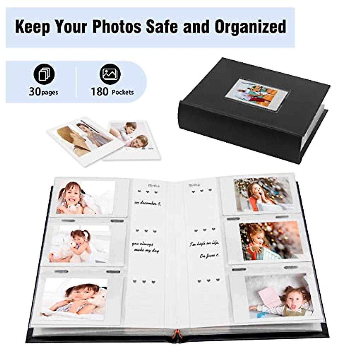 Photo Album for Fujifilm Instax Mini Camera, Polaroid Camera, Instax Photo Album with Memo Areas, 180 Pockets 2x3 Photo Album with Writing Space for Instax Mini 12 11 40 9 7+ Evo Liplay Camera,Black