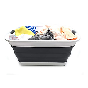 SAMMART 42L(11 gallon) Set of 2 Collapsible Plastic Laundry Basket-Foldable Pop Up Storage Container-Portable Washing Tub-Space Saving,Water capacity 34L(9 gallon) (2 rectangular - strengthen, black)