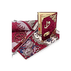 Muslim Prayer Rug, Beads and Yaseen Prayer Book with Elegant Velvet Fabric Bag | Janamaz | Sajadah | Soft Islamic Prayer Rug | Islamic Gifts | Prayer Carpet Mat, Chenille Fabric, Burgundy