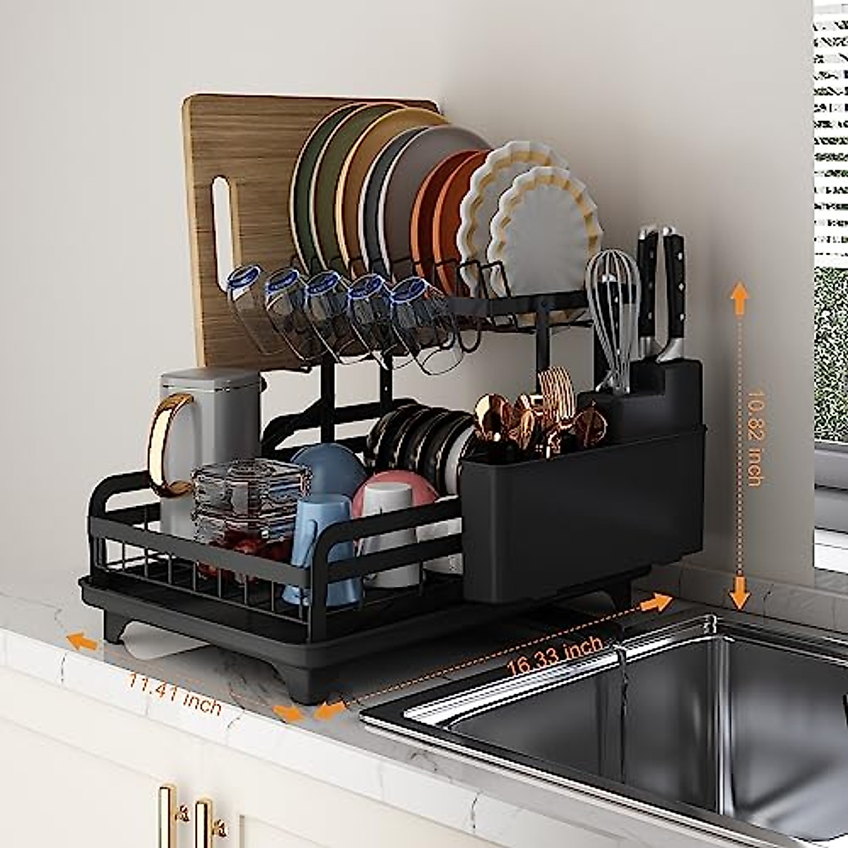 bukfen New Over The Counter Dish Rack(16.3 * 11.4 * 10.8in, Black), 2-Tiers, No Installation Stainless Steels Multifunctional Dish Drying Rack for Draining Plates