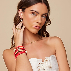 hotoo Baroque Natural Pearls Bracelets Boho Red Leather Wrap Bracelets for Women Gold Tube Bohemian Multi-Layer Cuff Bracelet Bangle with Buckle Jewelry Gifts