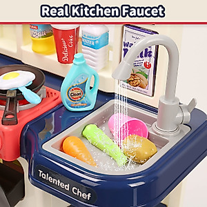 CUTE STONE Play Kitchen, Kids Kitchen Playset with Real Sounds & Lights, Pretend Play Food Toys, Play Sink, Cooking Stove with Steam, Toddler Kitchen Toy Gift for Boys and Girlis (Blue)