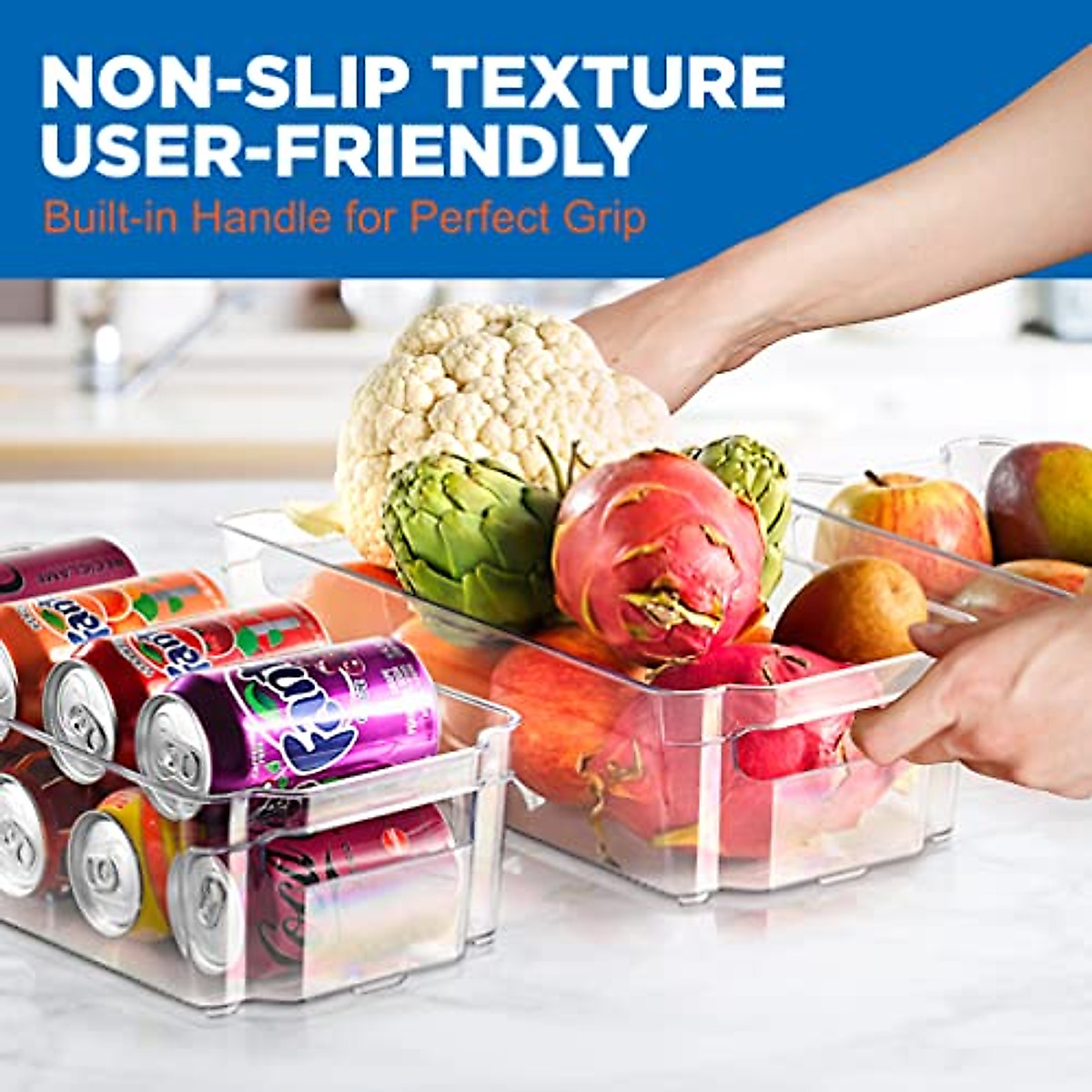 NutriChef Set of 6 Refrigerator Organizer Bins - Stackable Clear Plastic Bin with Handles, Egg Tray - For Fridge, Freezer, Kitchen, Cabinet, Countertops, Pantry - BPA Free Food Storage Rack - NCFO66