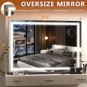 Hasipu Vanity Mirror with Lights, 32" x 22" LED Makeup Mirror, Lighted Makeup Mirror with Dimmable 3 Modes, Touch Screen Control Vanity Mirror Square Black