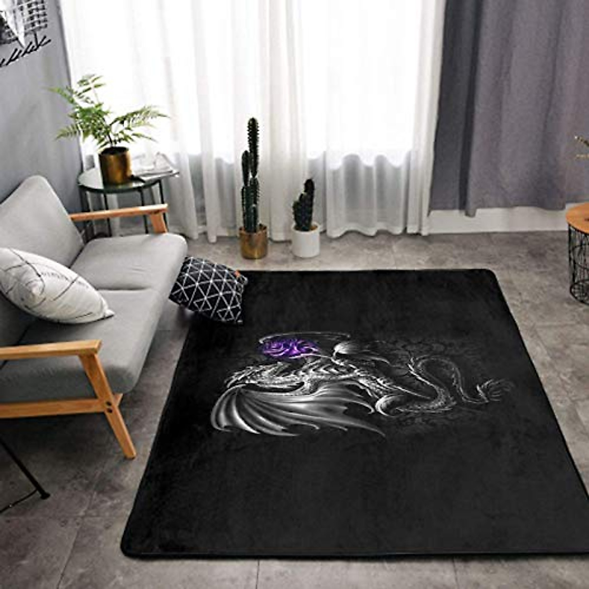 Area Rug White-Cool Dragon Purple Fairy Rose black9 Non-Slip Area Carpet Resist Dirt Washable Floorcover Mat for Sofa, Living Room, Bedroom, Office, Dining Room