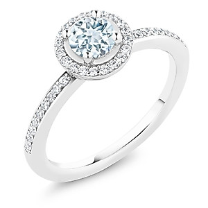 Gem Stone King 925 Sterling Silver Aquamarine Engagement Ring For Women (0.59 Cttw, Gemstone Birthstone, Round 5MM, Available 5,6,7,8,9) (Size 5)