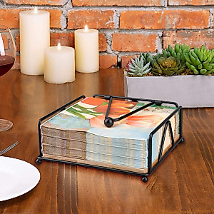 MOLEDINO Flat Napkin Holder for Kitchen Dining Table, Metal Black Napkin Holder with Weighted Arm Modern Sturdy Cast Iron Cocktail Bar Luncheon Beverage Napkin Holder Wooden Base Outdoor Picnic Party