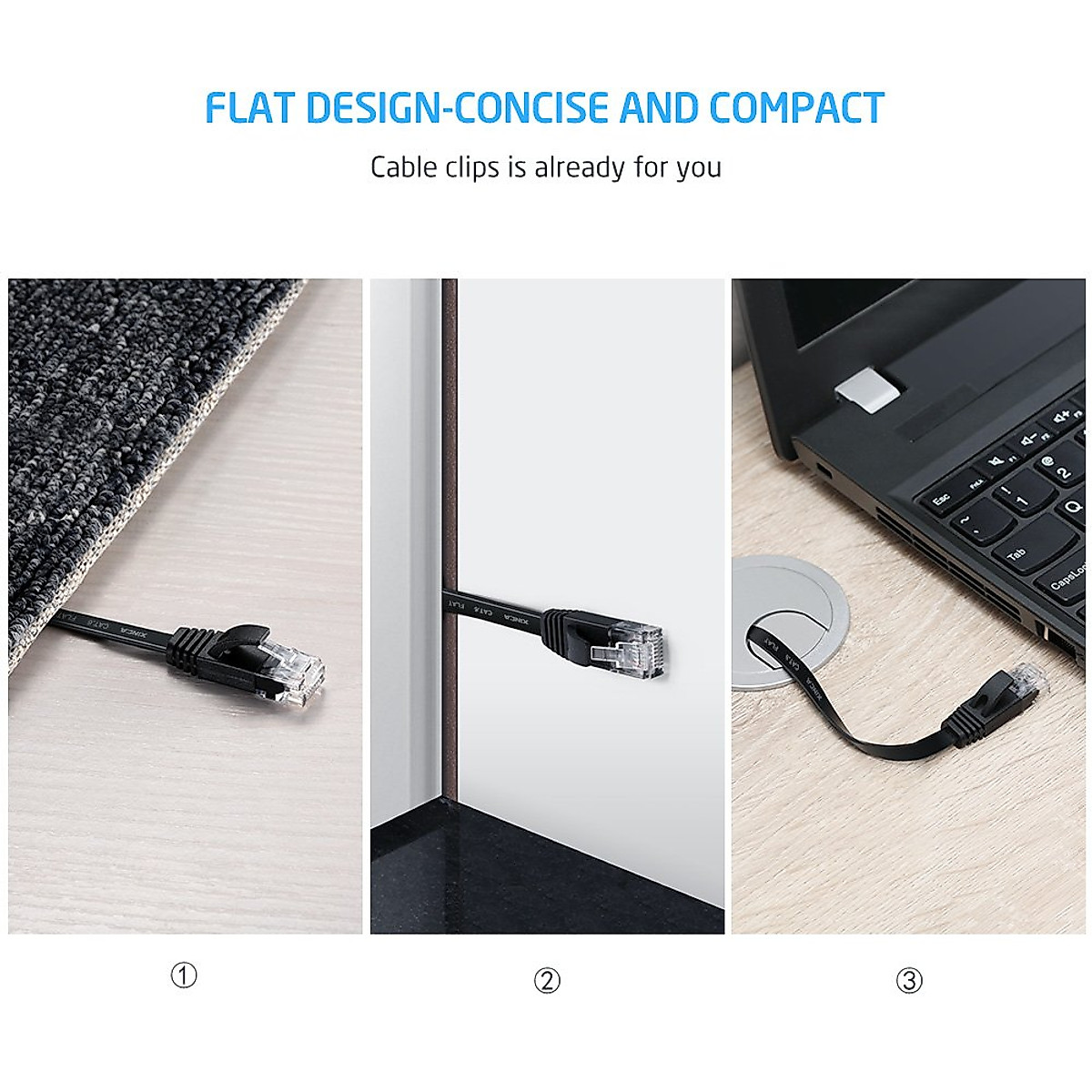 XINCA Cat6 Ethernet Cable 15 ft Black Gigabit Flat Network LAN Cable with 5 pcs Cable Clips Snagless Rj45 Connectors for Computer/Modem/Router/X-Box Faster Than Cat5e/Cat5