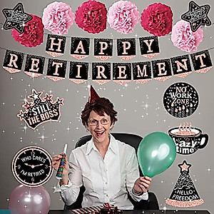retirement party decorations banner gifts - (22pack) happy retirement rose gold banner, 6 paper Poms, 6 Hanging Swirl, 7 decorations stickers.retirement sash for women