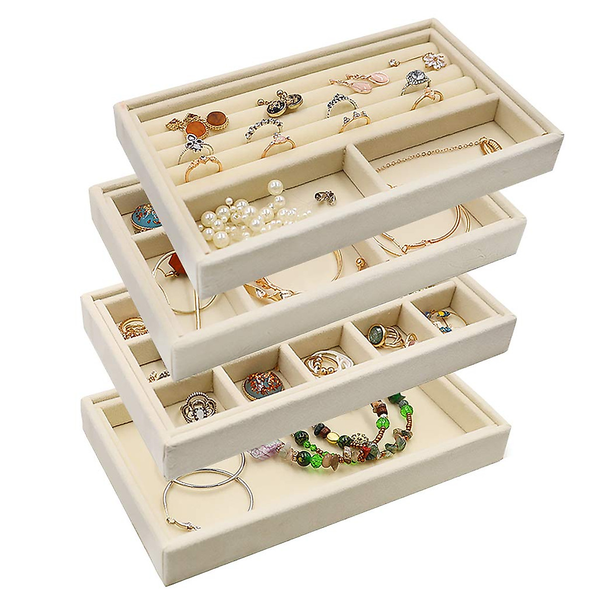 MINGRI Jewelry Organizer Trays,Earring Holder Tray Stackable Velvet Drawer Organizer Tray for Necklace,Ring,Bracelet Brooch Watch,Jewelry Storage Display Case Insert for Women Girls Set of 4 (Beige)