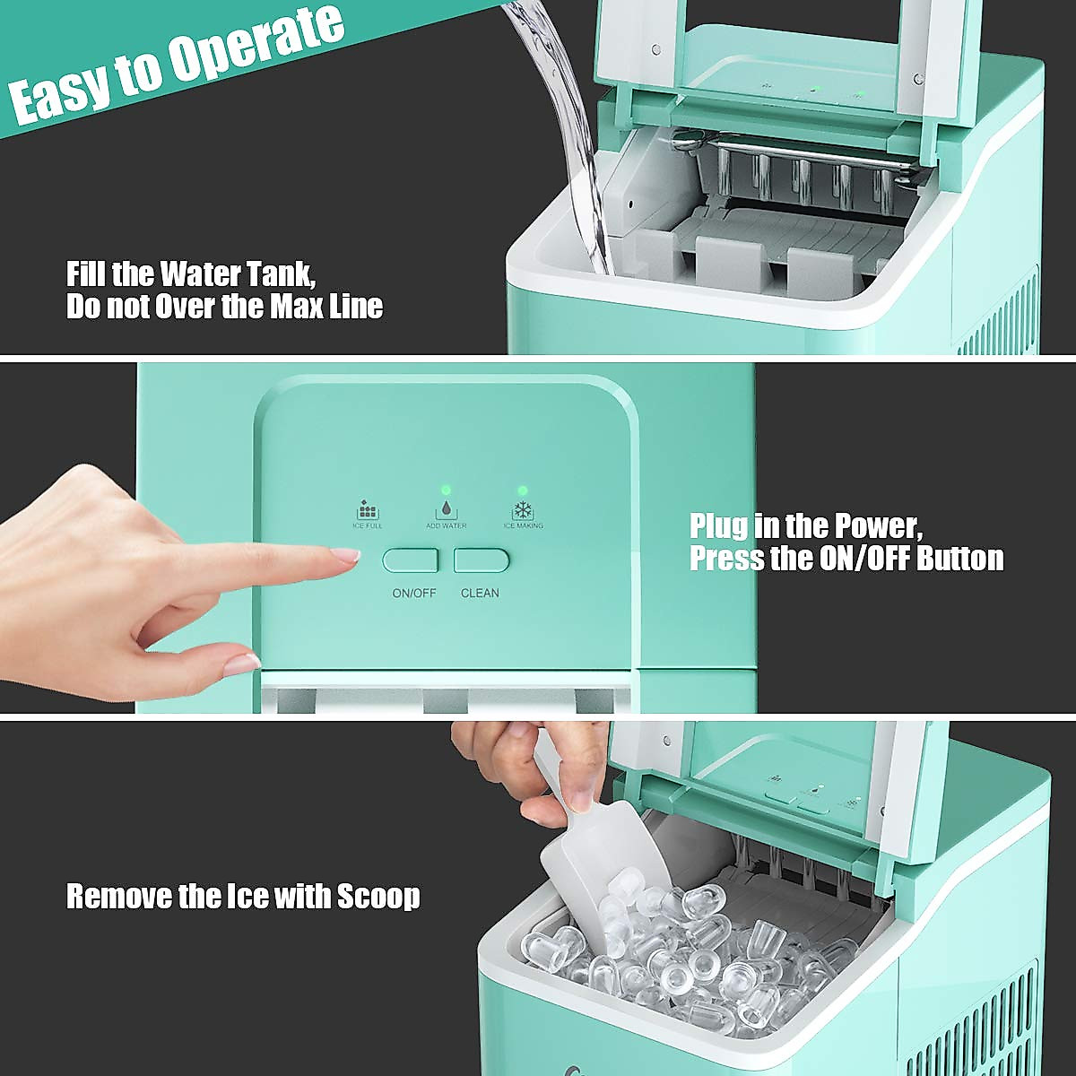 COSTWAY Countertop Ice Maker, 26Lbs/24H Portable Ice Machine with Self-Cleaning Function, Bullet Ice Cubes Ready in 8 Mins, Scoop and Removable Basket,Ice Maker for Home Party Bar, Green