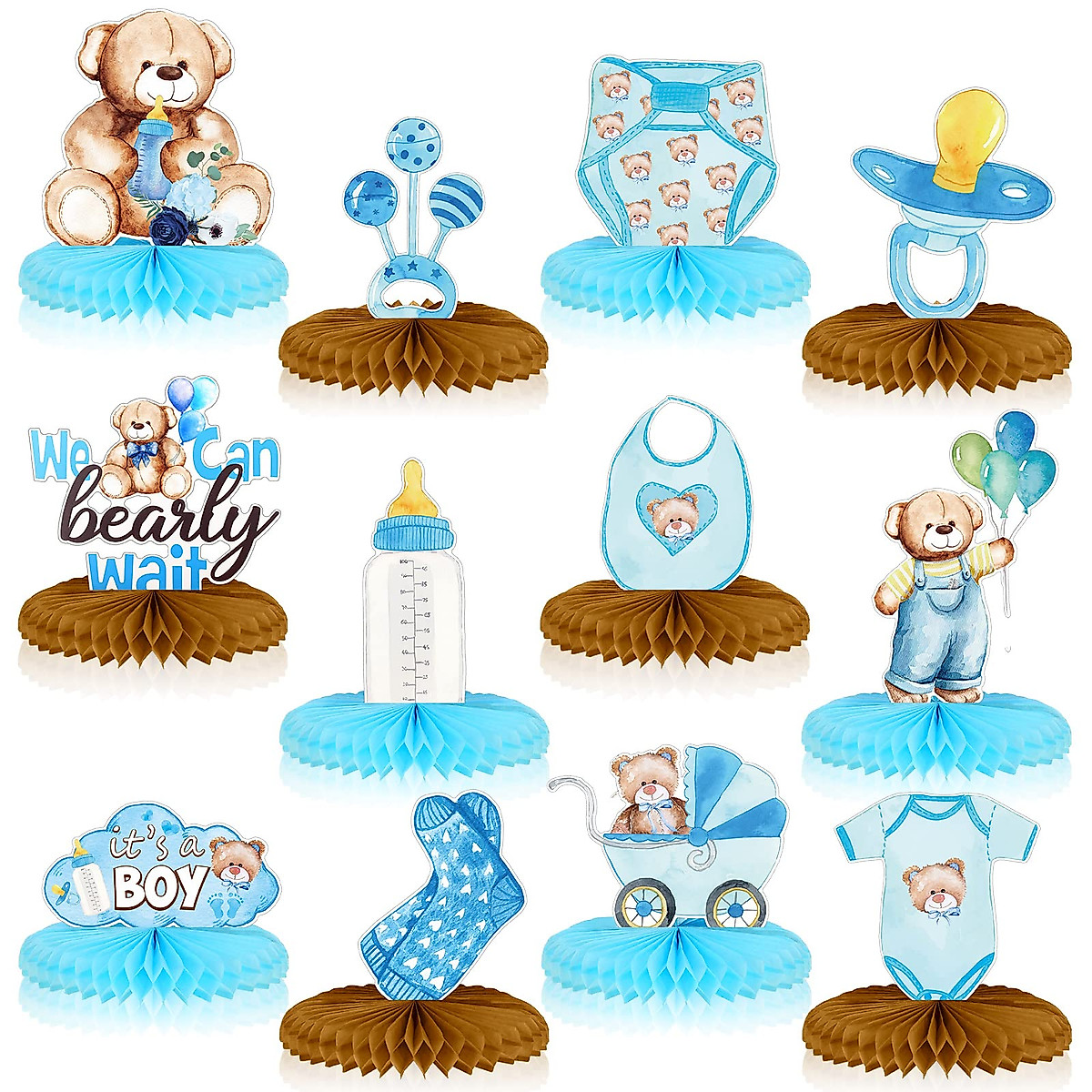 Teling 12 Pcs Bear Baby Shower Decorations Bear Centerpieces for Tables Blue Bear Honeycomb Centerpiece Gender Reveal Boy Baby Shower Table Decorations for Baby Boys Party Birthday