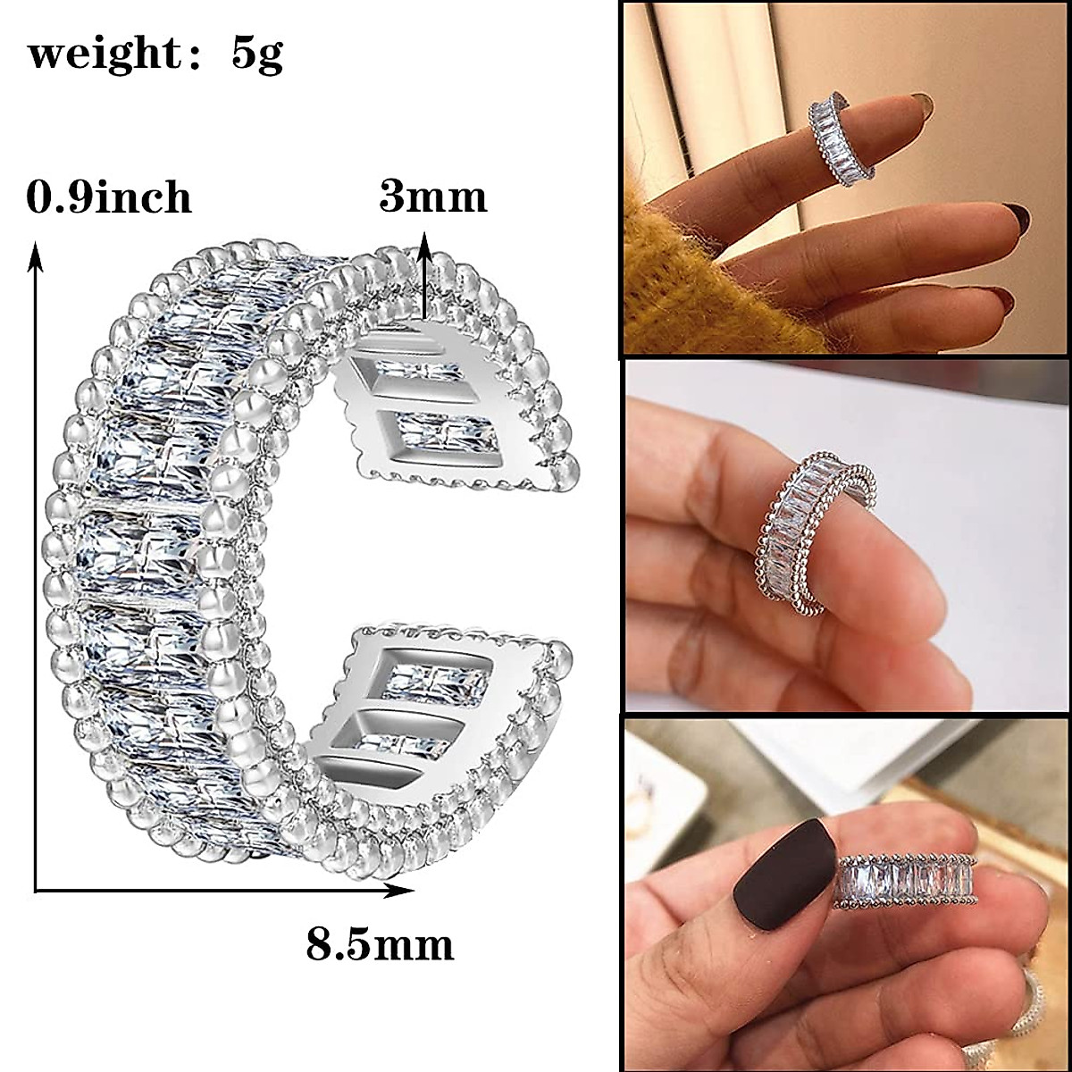 ABJFJE Rdjustable Rainbow Baguette Band Ring Anniversary Eternity Band Cubic Zirconia Ring Crystal Wedding Cocktail Rings Fashion Luxury Jewelry for Women (Silver White)