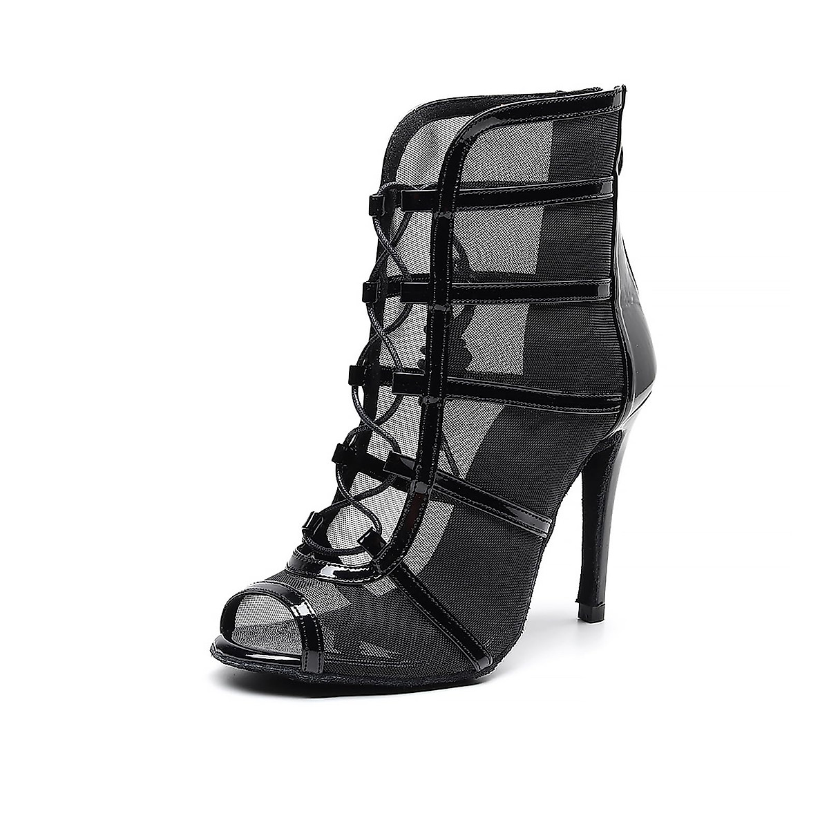 YKXLM Latin Dance Boots Salsa Women Ballroom Lace-up Ankle Open Toe Dance Shoes,1023,3.33 inch heel,Black,7 US