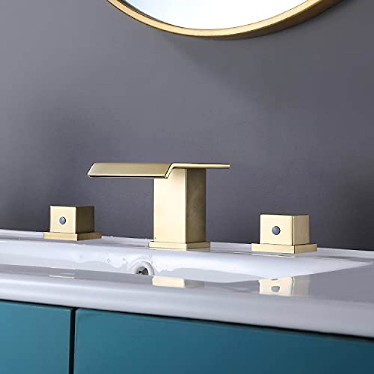 TapLong Solid Brass Modern Waterfall Bathroom Basin Faucet 3 Holes 2 Square Handles Brushed Gold Sink Faucet
