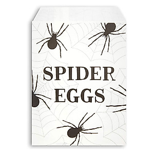 BLUE PANDA 100 Pack Halloween Paper Bags, Small Paper Halloween Treat Bags, Bulk Goody Bags for Candy, and Favors, 4 Designs, Vampire Teeth, Witch Broomsticks, Bag of Bones, Spider Eggs (8 x 5 In)