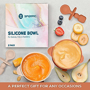 Silicone Suction Baby Bowl with Lid - BPA Free - 100% Food Grade Silicone - Infant Babies and Toddler Self Feeding Sunrise/French Beige