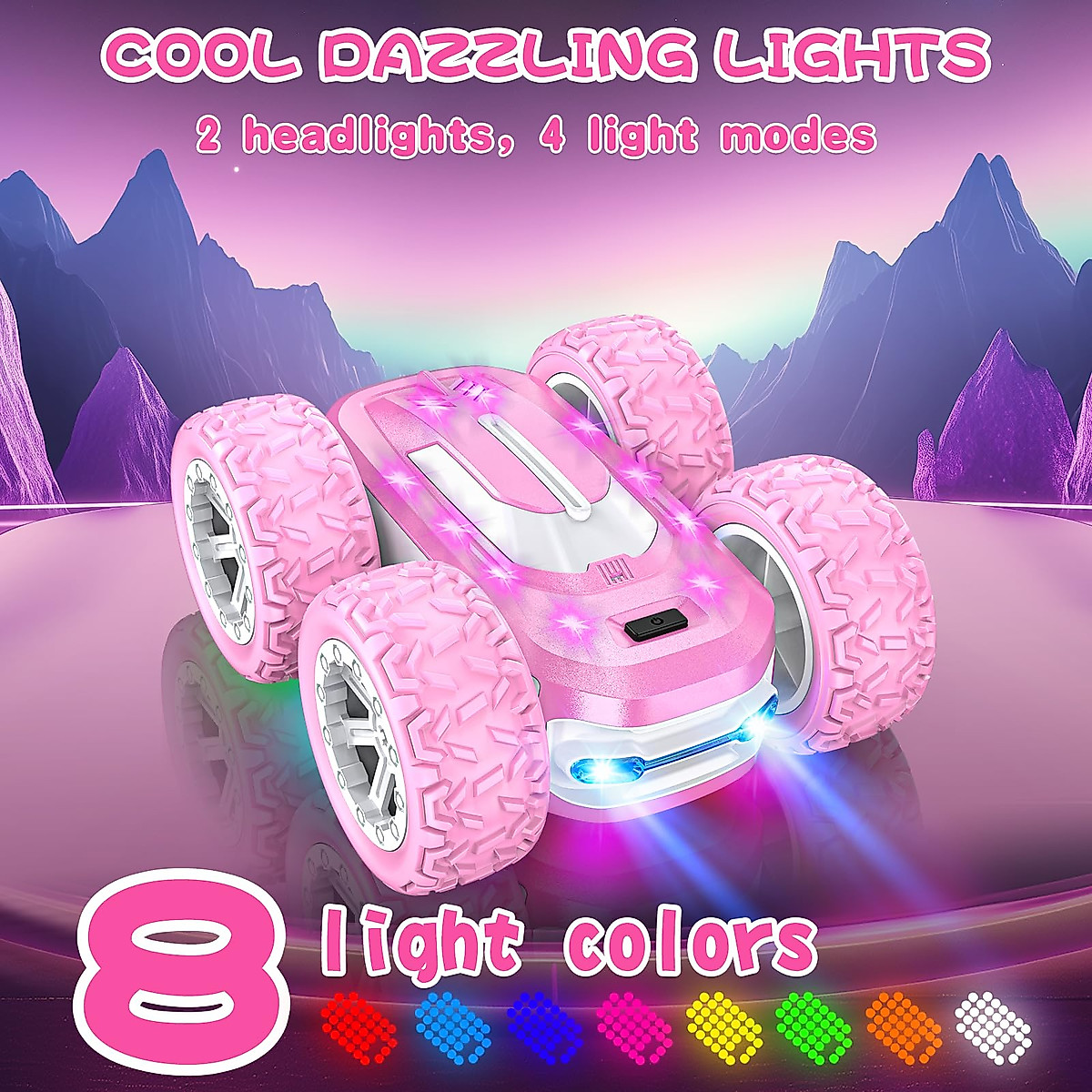 Pink Remote Control Car for Girls, RC Cars for Kids with DIY Sticker & Colorful Lights, 2.4Ghz Double Sided 360° Flips 4WD Stunt Car, Rechargeable Toy Cars for Girl Ages 4-6 5-7 6-8 8-12 Birthday Gift