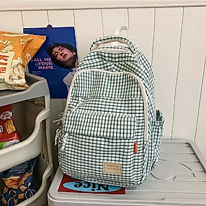 Kawaii Backpack with Cute Accessories Large Capacity Checkered Plaid Rucksack for Women Trendy Aesthetic Casual Daypack (Green)