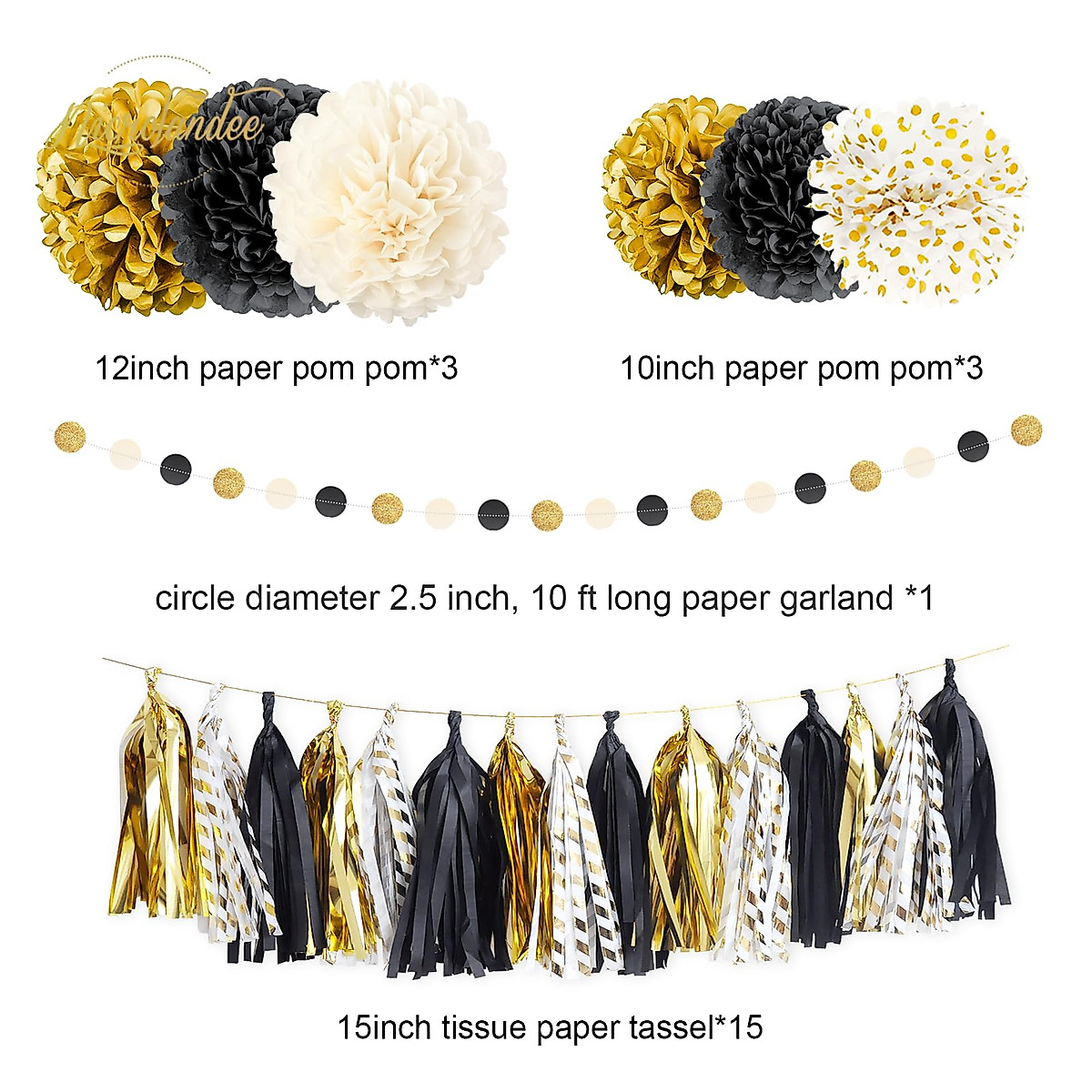NICROLANDEE Black Gold Party Decoration, 23PCS Tissue Paper Pom Poms Kit Hanging Polka Dot Paper and Tissue Tassel for Birthday, Graduation, Wedding, New Years Decorations
