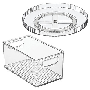 mDesign Plastic Stackable Bin with Handles and 11.5" Round Fluted Lazy Susan Turntable Plastic Spinner Combo Set for Organization in Bathroom, Closet, Cabinet, or Vanity Countertop - Set of 2 - Clear