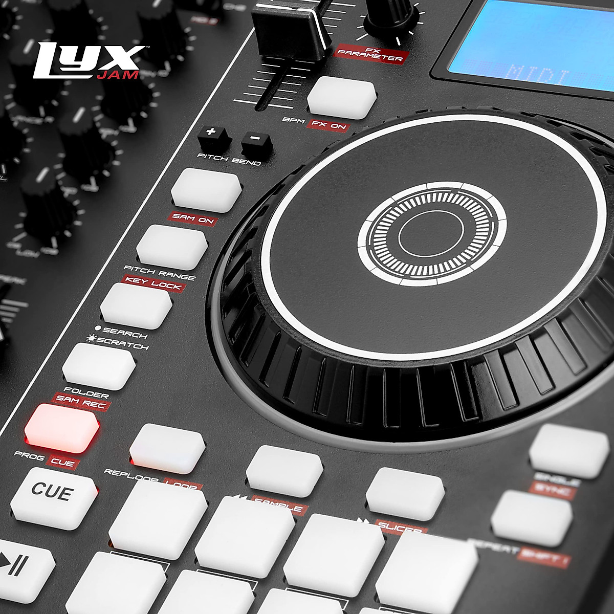 LyxJam 2-Deck Portable DJ Controller, Mixing Console with LCD Display | Manual Looping, USB, MIC Input, Record Output, 16 Performance Pads with Virtual DJ LE Software Included (Download)