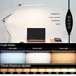 YUHU LED Desk Lamp, Metal Swing Arm Desk Lamp, with Fixture, Desk Lamp with clamp, 3 Color Modes, 10 Levels of Brightness, with Memory Function, Suitable for Home, Office, Reading (White)