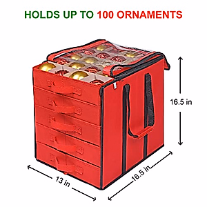 ProPik Christmas Ornament Storage Boxes with Dividers - 5 Separate Trays - Ornament Holder - Keeps 100 Holiday Ornaments - Durable Carrying Bag Handles Organizer Storage Box (Red)