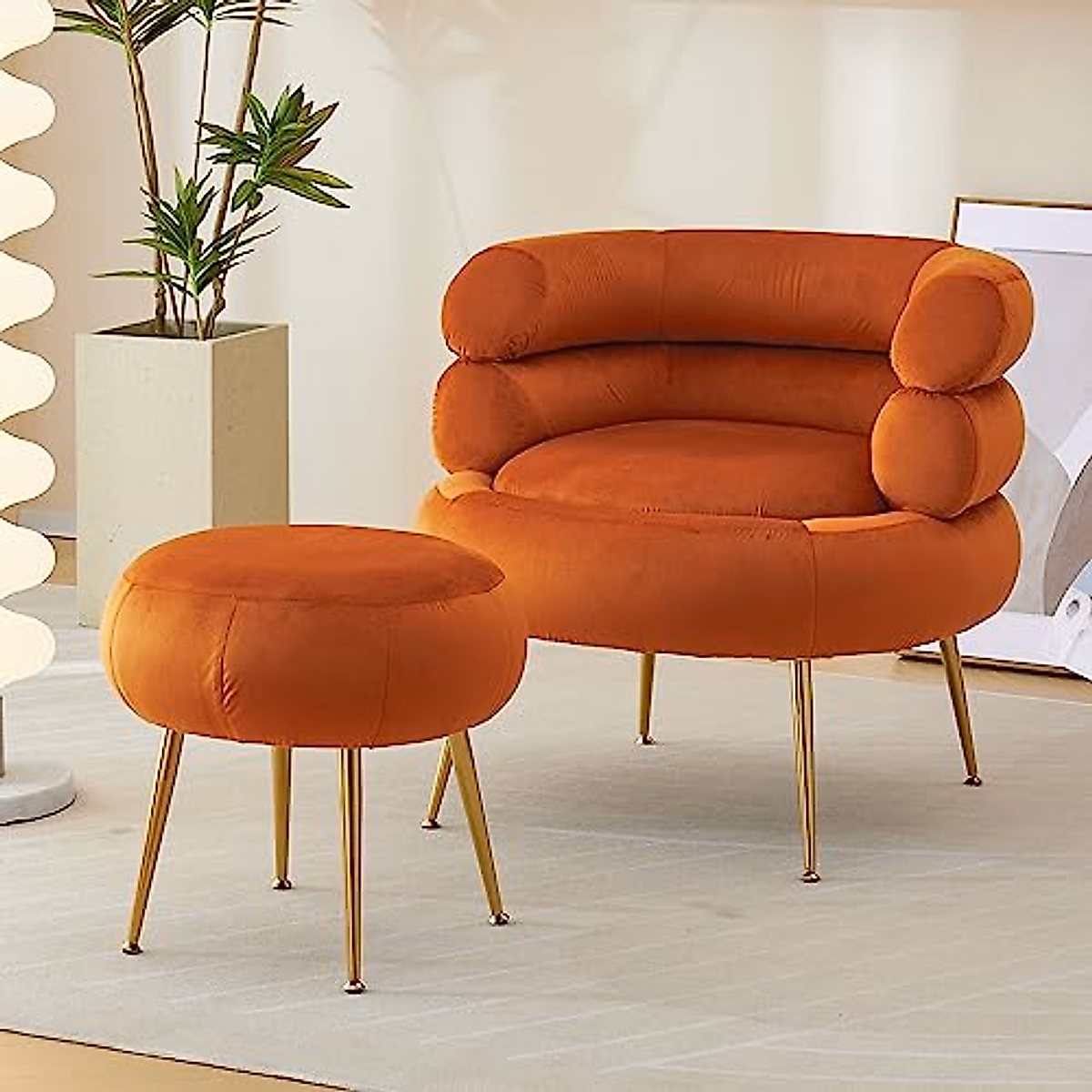 (77 x 72 x 72) Cm(L x W x H) Orange Elvet Accent Chair with Arms for Living Room, Modern Single Sofa Armchair with Ottoman Upholstered Reading Club Chair for Bedroom Office Decorative