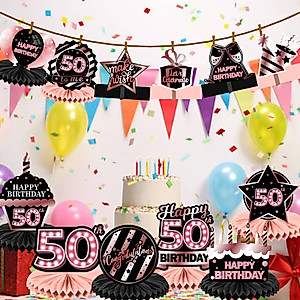 Happy 50th Birthday Rose Gold and Black Table Honeycomb Centerpieces Balloons Theme Decor Table Decorations Table Toppers for Girls Women Princess 50 Years Old Birthday Party Bday Supplies Background