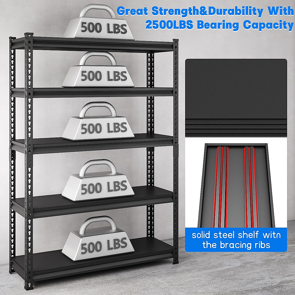 Rufokisa 48" W Garage Shelving Heavy Duty，2500LBS Loads Adjustable Garage Storage Shelves, 5-Tier Metal Shelving Units and Storage Racks Heavy Duty, 48”W x 18”D x 78”H，Black…