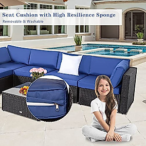 Kinfant Outdoor Patio Furniture Set Wicker Conversation Set - PE Rattan Sectional Sofa with Glass Table and Cushions for Garden Poolside Porch Balcony (Dark Blue)