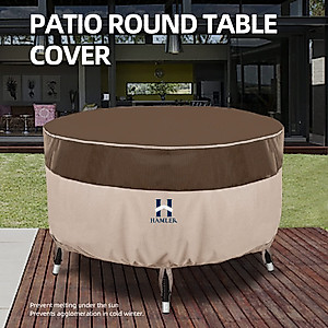 HAMLER Round Outdoor Table Cover, Heavy Duty Outdoor Table Chair Set Covers with Air Vents and Handles, Patio Table Cover Fits up to 110" D x 27.5" H, Brown & Beige
