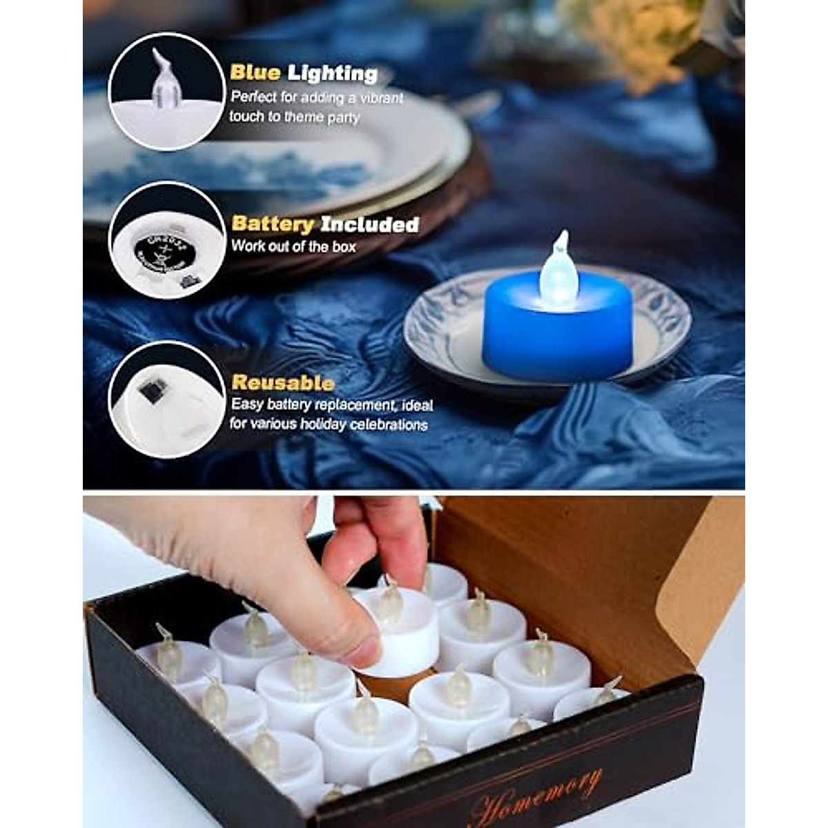 Homemory 24-Pack Flameless Blue LED Tea Lights Candles Bulk, 200+ Hours Long-Lasting Battery Operated Tea Lights, Blue TeaLights for Party, Wedding, Holiday [White Base]