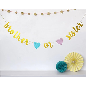 Swdthnh Gender Reveal Party Decorations - Glitter Letters Brother or Sister with Hearts Banner for Baby Shower Party Decorations, Gold
