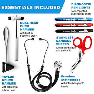 Primacare KB-9397-BK Stethoscope Case, Supplies Included, Black with Multiple Compartments, Portable and Lightweight First Aid Kit Bag with Vital Medical Supplies, Nursing Accessories for Nurses