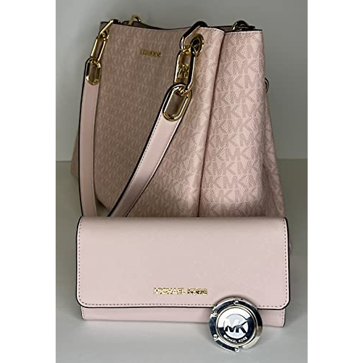 MICHAEL Michael Kors Trisha Large Triple Gusset Shoulder Tote bundled with Large Trifold Wallet and Michael Kors Purse Hook (Signature MK DK Powder Blush)