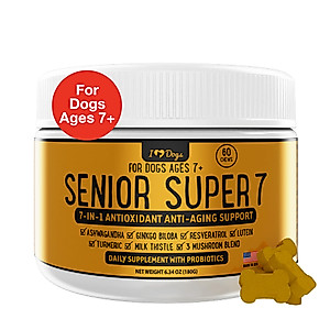 iHeartDogs Senior Super 7 Daily Dog Multivitamin - 7-in-1 Vitamin for Dogs Supports Anti-Aging with Antioxidants, Probiotics, Lion's Mane, Turkey Tail, & Ashwagandha for Longevity & Cognitive Boost