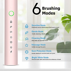 HAXAYOLO Rechargeable Electric Toothbrush , Waterproof Whitening Electric Tooth Brushes with 8 Brush Heads for Adults and Kids, Whitening Toothbrush with 6 Cleaning Modes and Smart Timer(Pink)