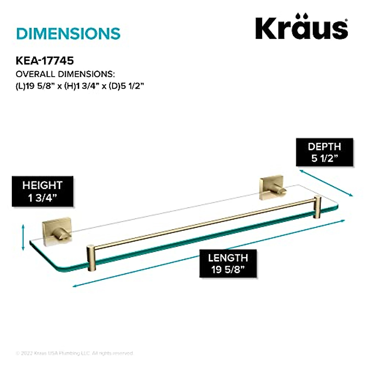 Kraus Ventus Glass Bathroom Shelf with Rail, Brushed Gold Finish, KEA-17745BG