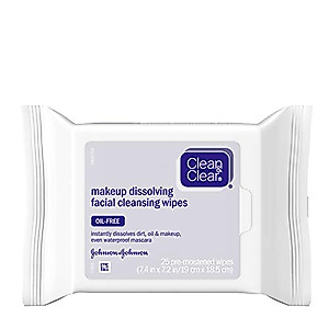 Clean & Clear Oil-Free Makeup Dissolving Facial Cleansing Wipes to Remove Dirt, Oil, Makeup & Waterproof Mascara, 25 ct.