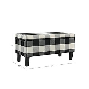HomePop Large Upholstered Rectangular Storage Ottoman Bench with Hinged Lid, Black Buffalo Plaid