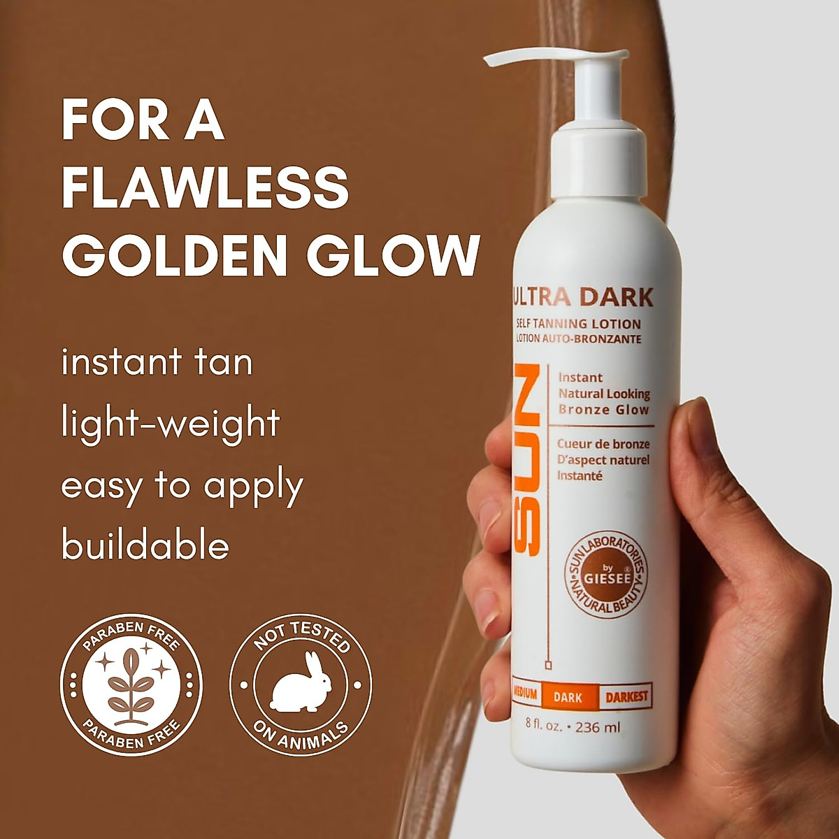 Sun Laboratories By Giesee Ultra Dark Sunless Tanning Lotion 8 oz - Premium Tanning Lotion for Instant Glow, Organic Self Tanner, Perfect for Body, Face, and Leg Bronzing