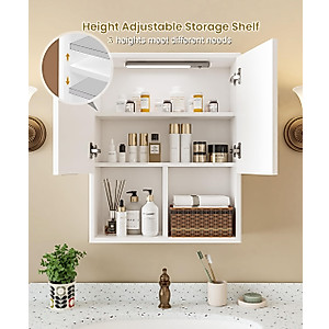 HAIOOU Fluted Bathroom Wall Cabinet with Motion Sensor Light, Curved Profile Wooden Medicine Cabinet Wall Mounted Cupboard, Wave Like Over Toilet Storage Cabinet with Buffering Hinges - Modern White