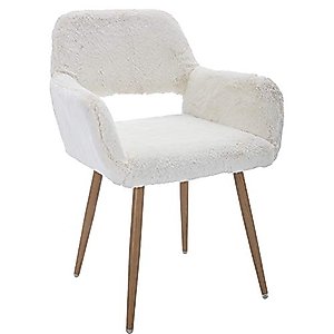 KCC Furry Desk Chair, Mid-Century Modern Accent Faux Fur Chair for Teen Girls, Comfy Armchair with Wood Look Metal Legs for Living Dining Room, Home Vanity Makeup Office Desk Chair No Wheel, White