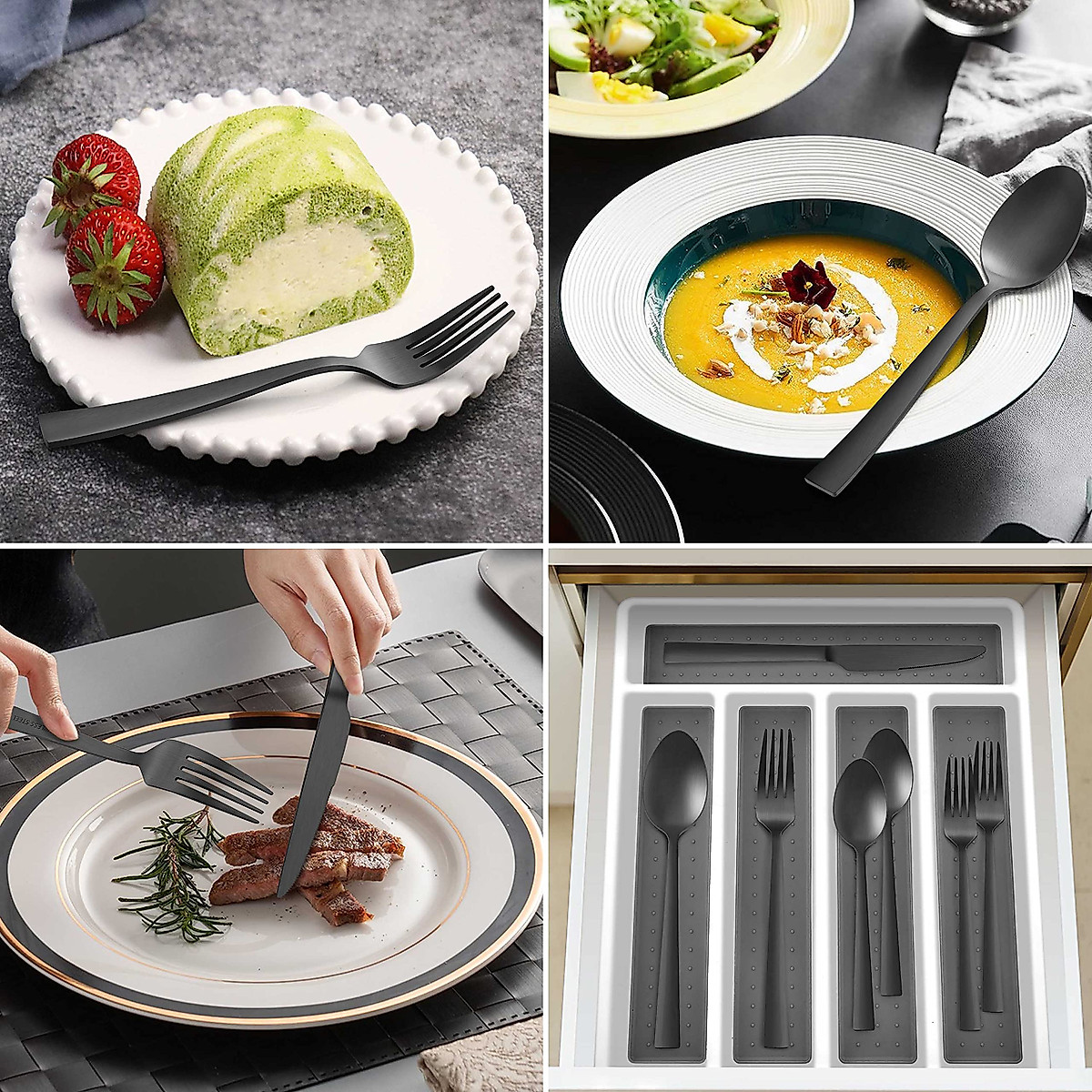 Homikit 20 Pieces Matte Black Silverware Set with Tray, Stainless Steel Flatware Cutlery for 4, Fancy Metal Eating Utensils Include Knife Forks Spoons, Nice Tableware for Home Party, Dishwasher Safe