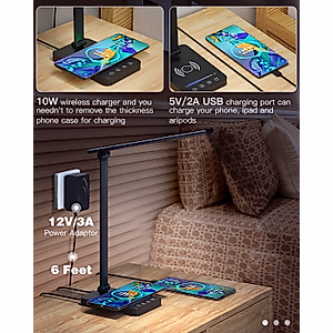 AGEARSUK LED Desk lamp, Desk Lamp with USB Charging Port for Home Office, Dimmable Desk Lamp with Wireless Charger, Eye-Caring Reading Lamps, Touch Control Study Lamps for Dorm (Adapter Included)